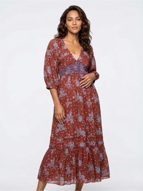 Free People | Dresses | Free People Rust Floral Maxi Dress With Blue ...